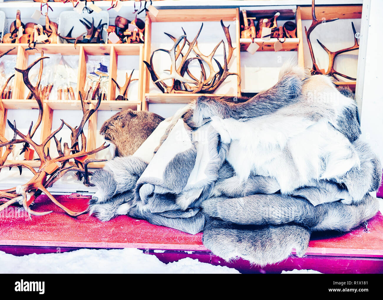 Winter Saami Souvenirs such as reindeer fur and horns on Finnish ...