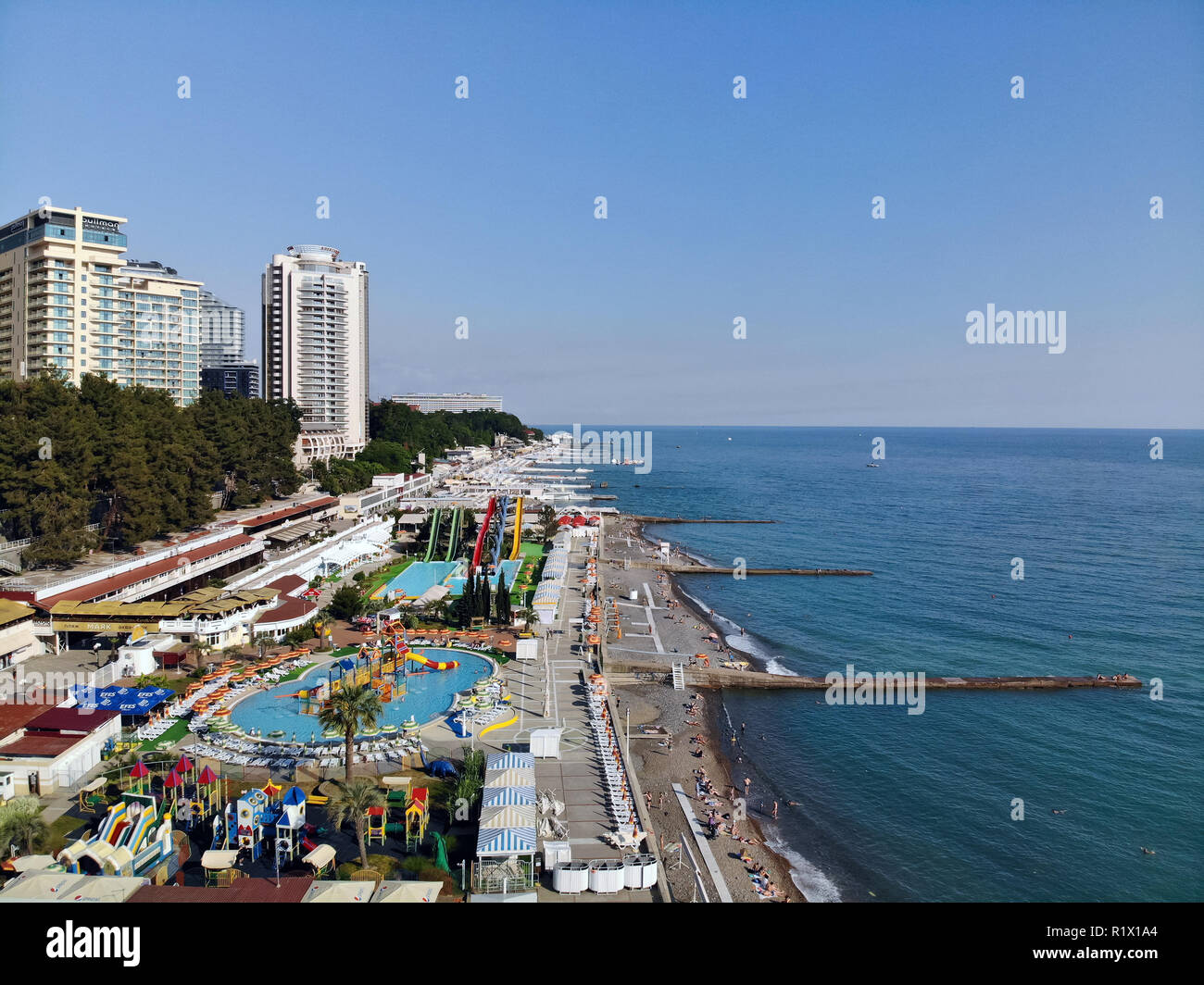 Sochi, Russia - June 2. 2018. top view of embankment and the Black Sea ...