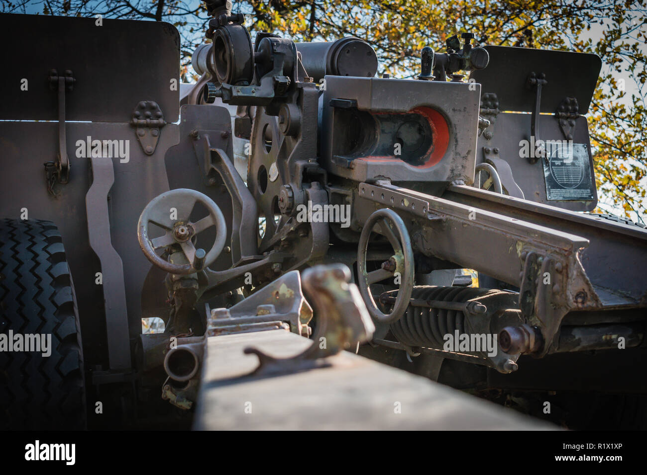 Back picture of old howitzer short barrel canon Stock Photo - Alamy