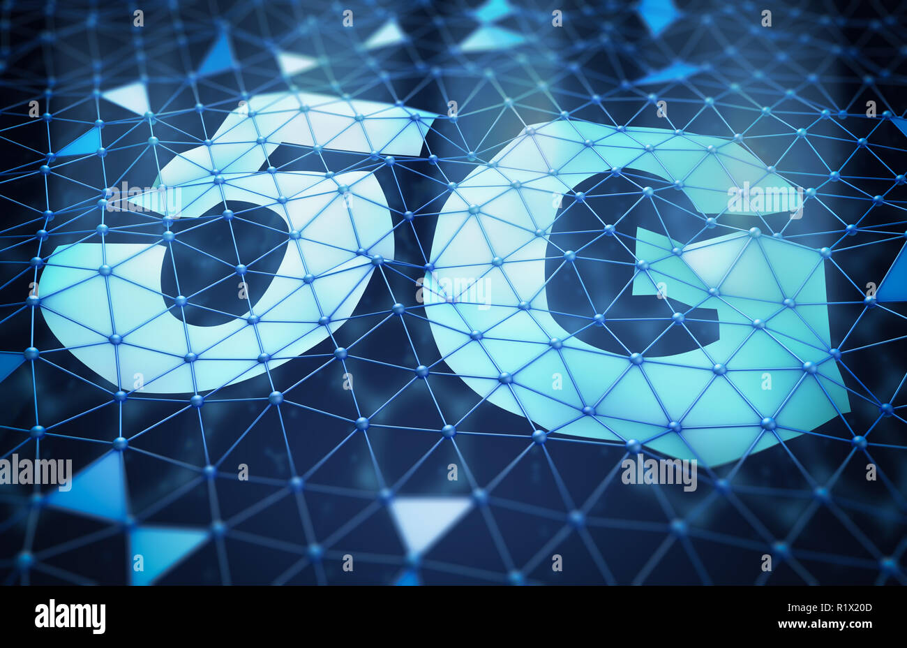 5G symbol and a network of triangular cells on a dark background. 3d ...