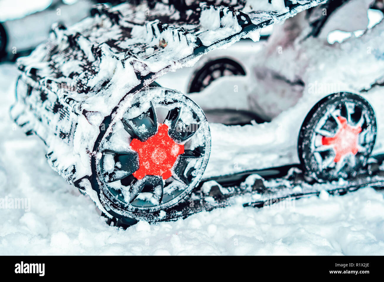 Caterpillar of snowmobile in winter Finland, Rovaniemi, Lapland Stock ...
