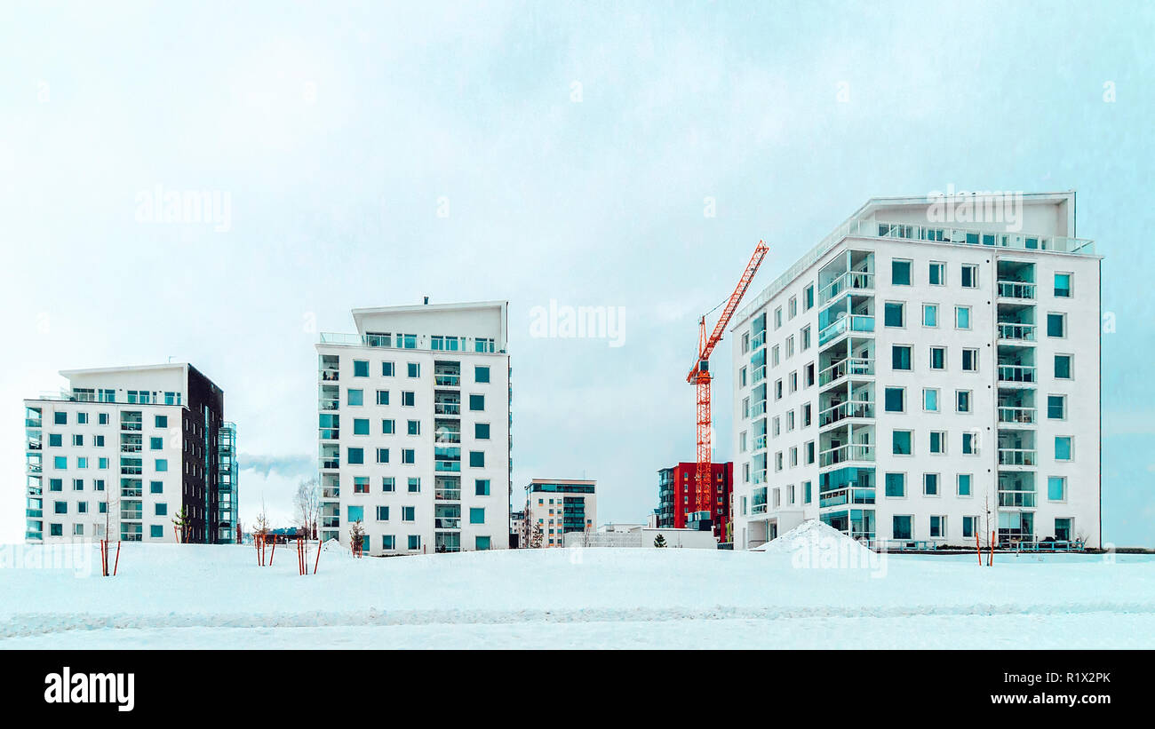 New complex of apartment buildings under development, at winter Helsinki, Finland Stock Photo ...