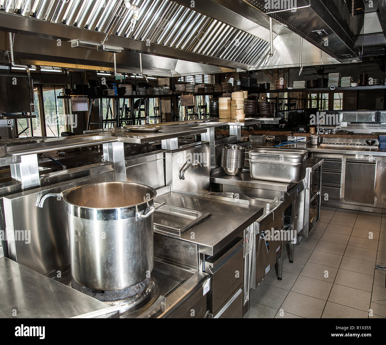 Professional kitchen, view counter in stainless steel Stock Photo - Alamy