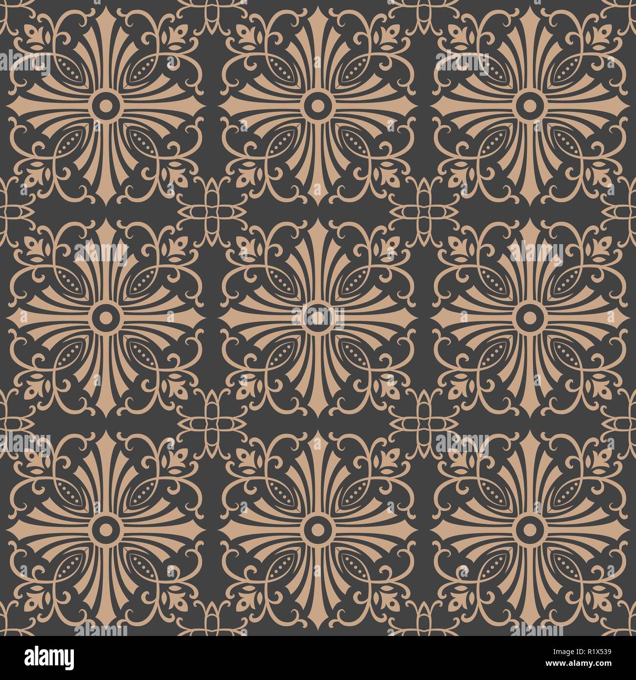 Vector damask seamless retro pattern background spiral curve cross frame vine flower. Elegant ...