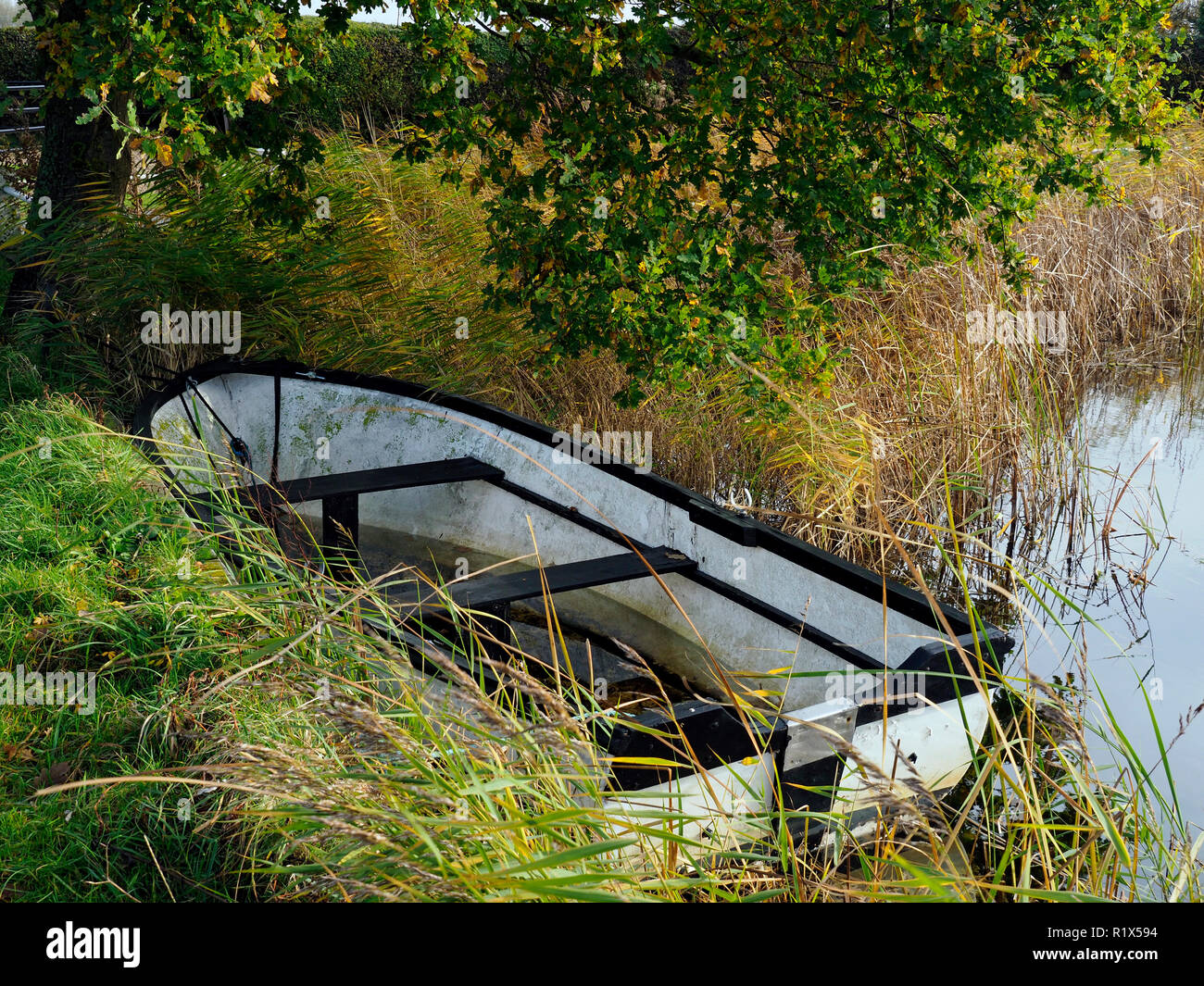 Boats moored in the narrow cut of West Somerton staithe, a remote part ...