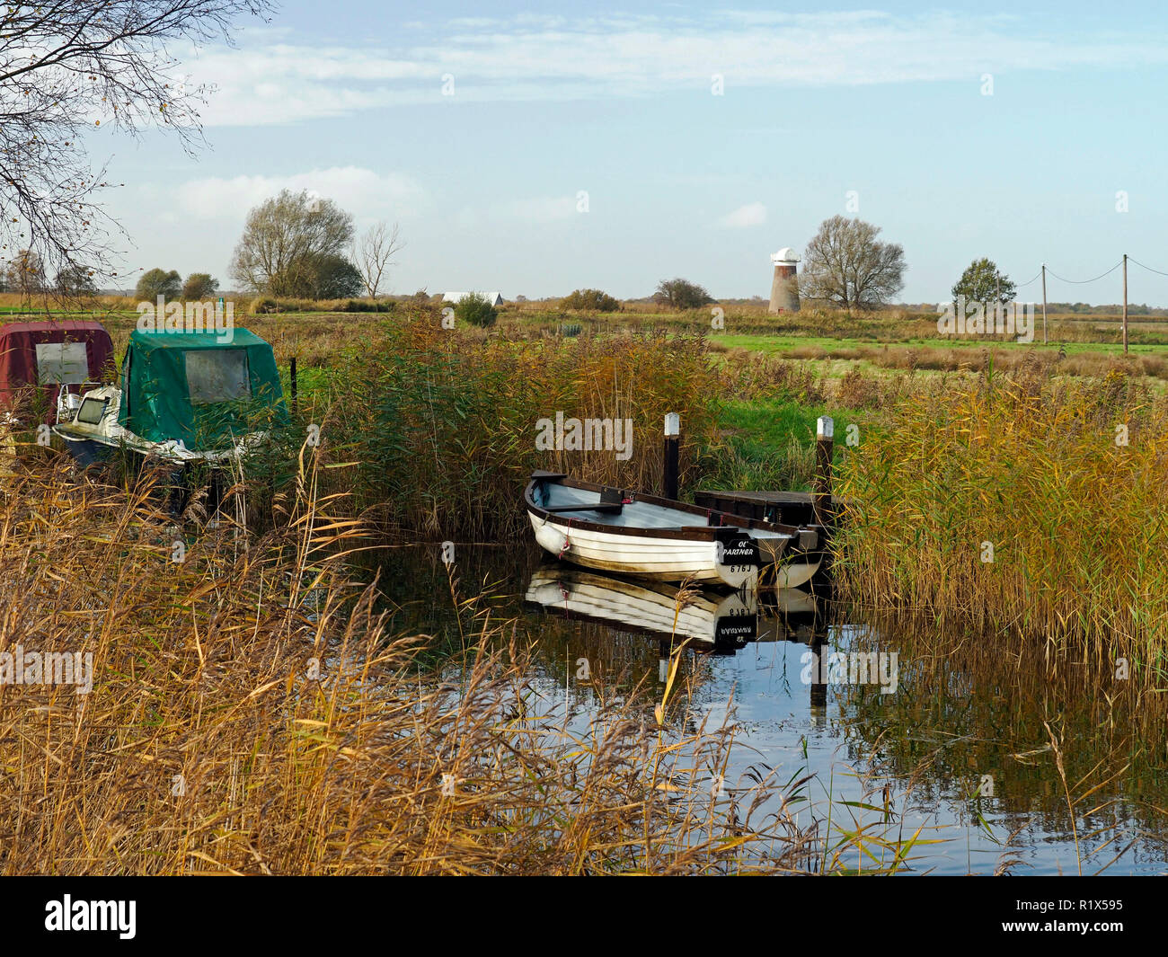 Boats moored in the narrow cut of West Somerton staithe, a remote part ...