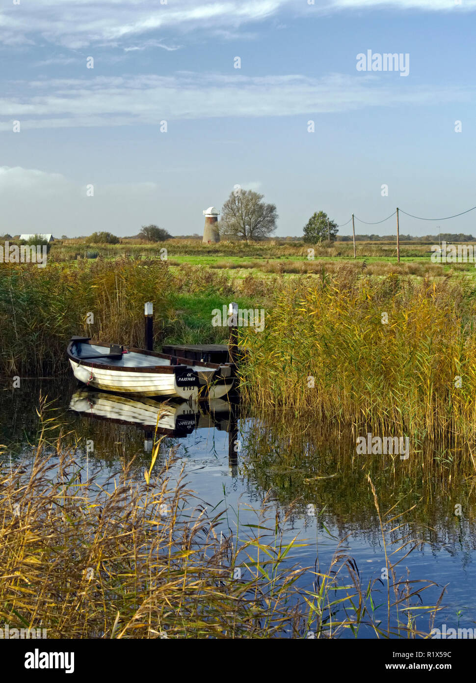 Boats moored in the narrow cut of West Somerton staithe, a remote part ...