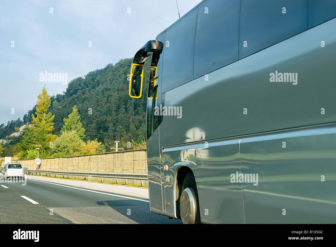 Tourist bus in the road in Poland. Travel concept Stock Photo - Alamy