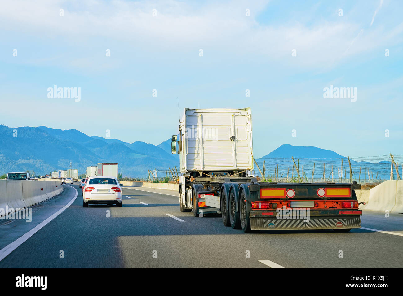 Truck without trailer box on the highway asphalt road, Slovenia. Truck ...