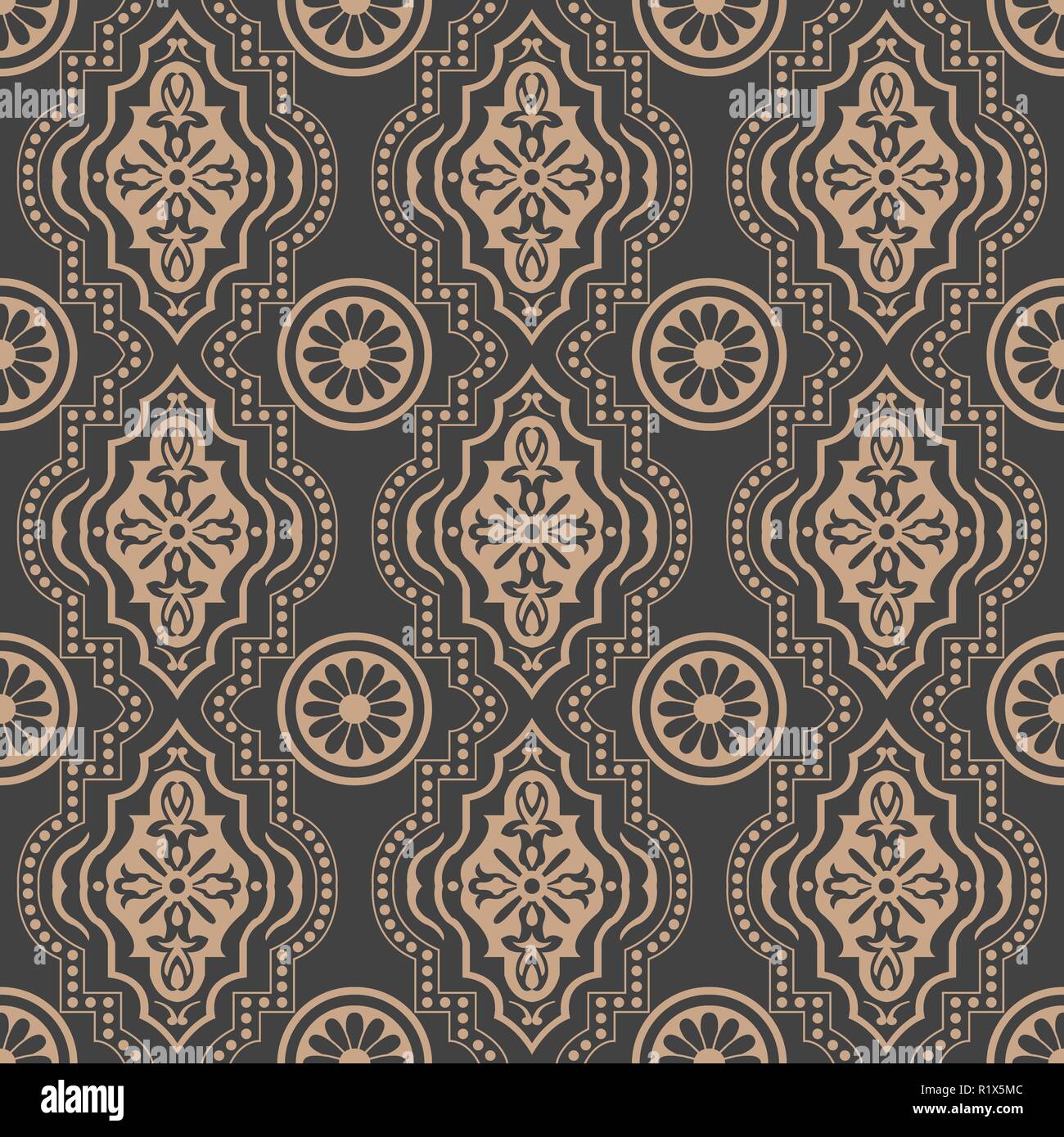 Vector damask seamless retro pattern background round curve cross dot ...