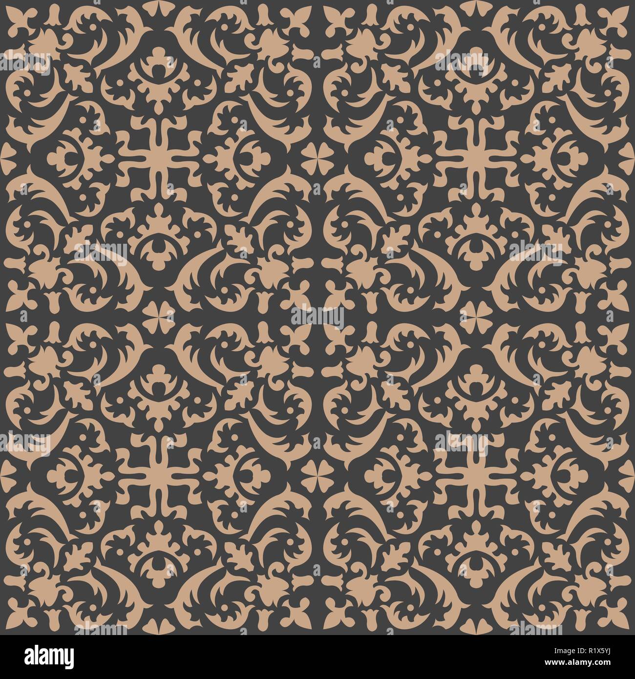 Vector damask seamless retro pattern background spiral curve cross leaf vine flower kaleidoscope ...