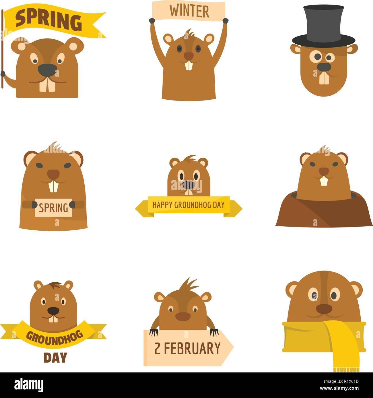 Groundhog day happy logo icons set. Flat illustration of 16 Groundhog ...