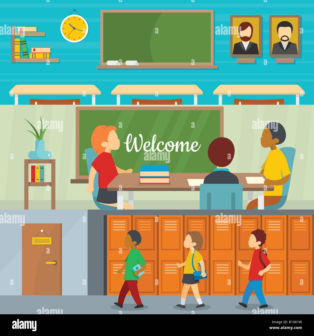 Classroom school study banner horizontal concept set. Flat illustration ...