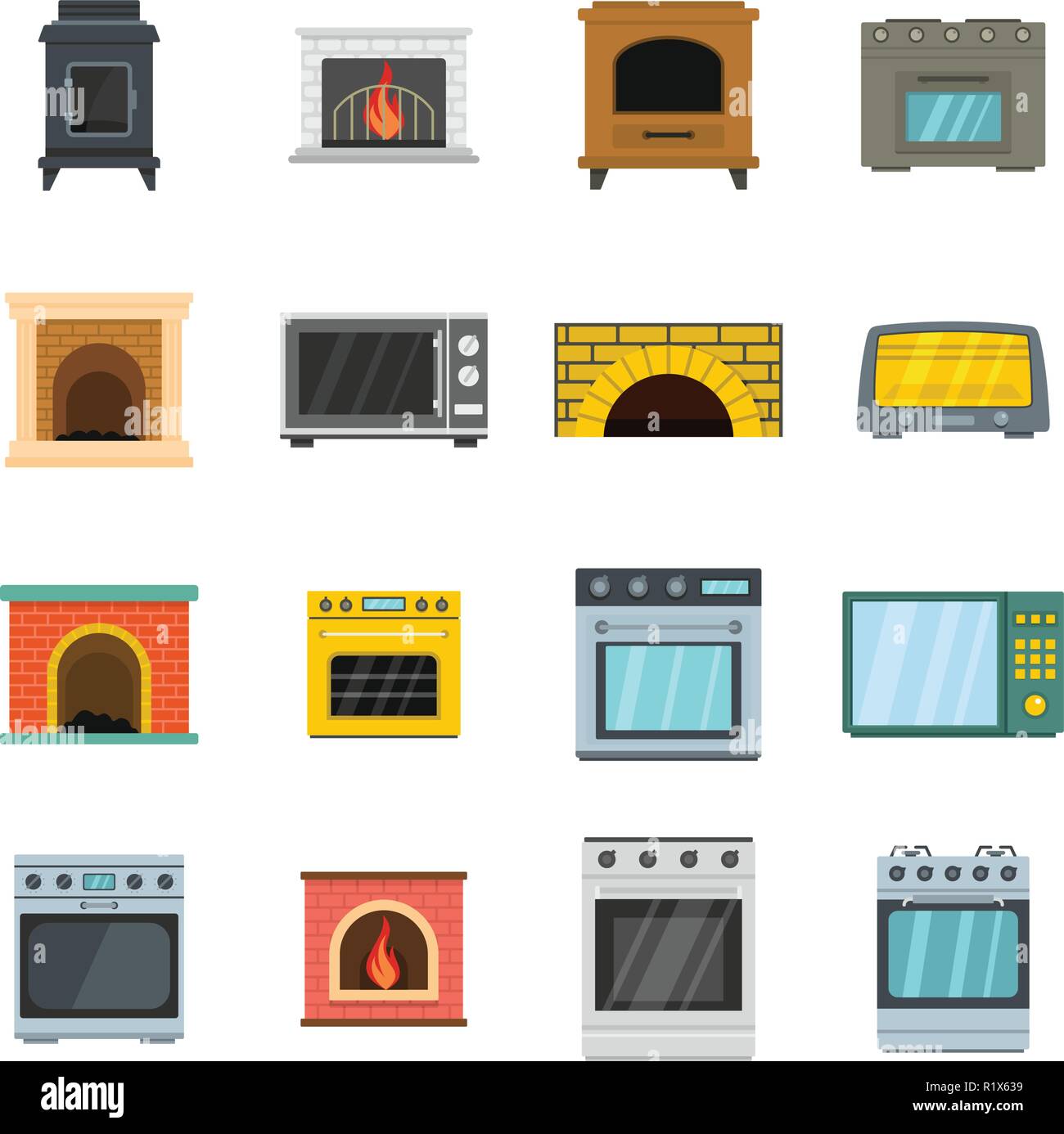 Oven stove furnace fireplace icons set. Flat illustration of 16 oven ...