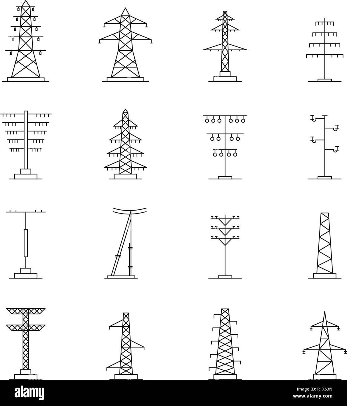 Electrical tower high voltage icons set. Outline illustration of 25 ... Electrical tower high voltage icons set. Outline illustration of 25 ...