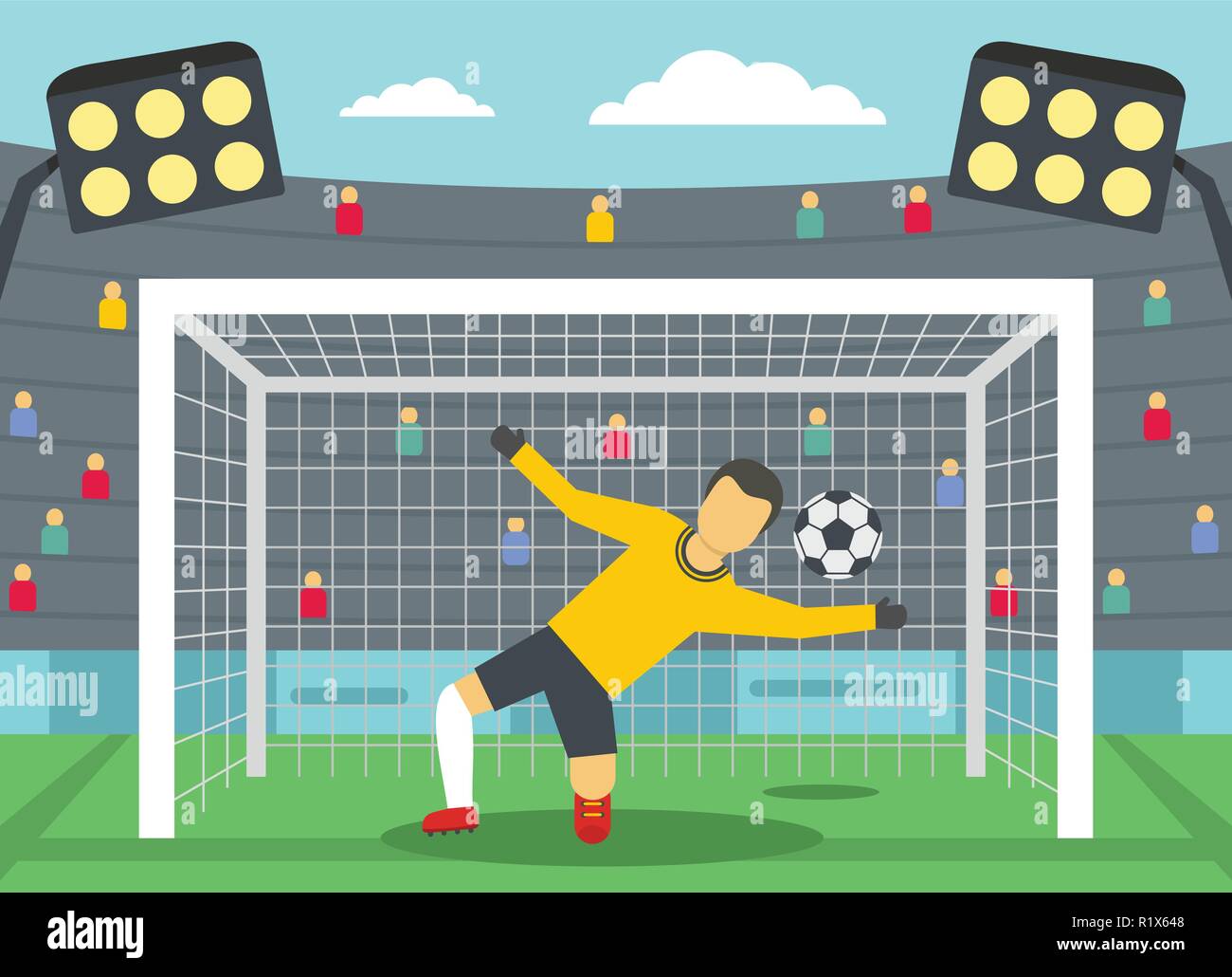 Soccer goalkeeper on stadium concept. Flat illustration of soccer ...
