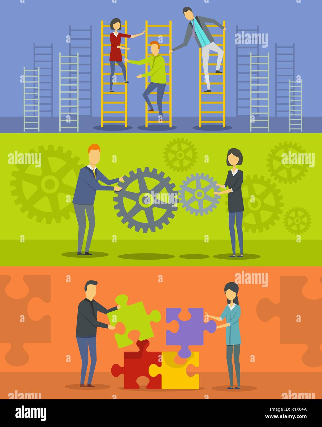 Team building banner horizontal concept set. Flat illustration of 3 ...