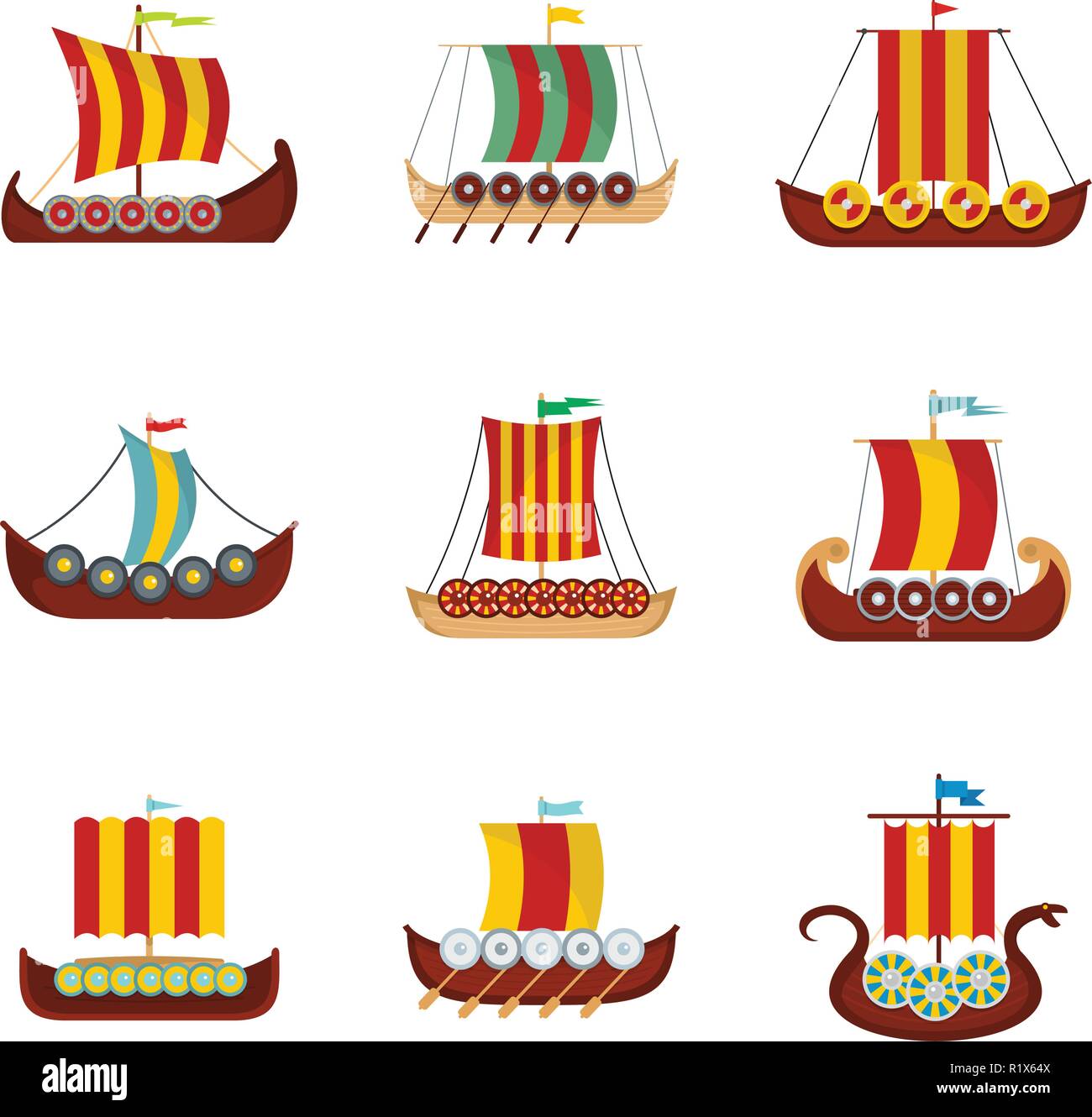 Viking ship boat drakkar icons set. Flat illustration of 9 viking ship ...