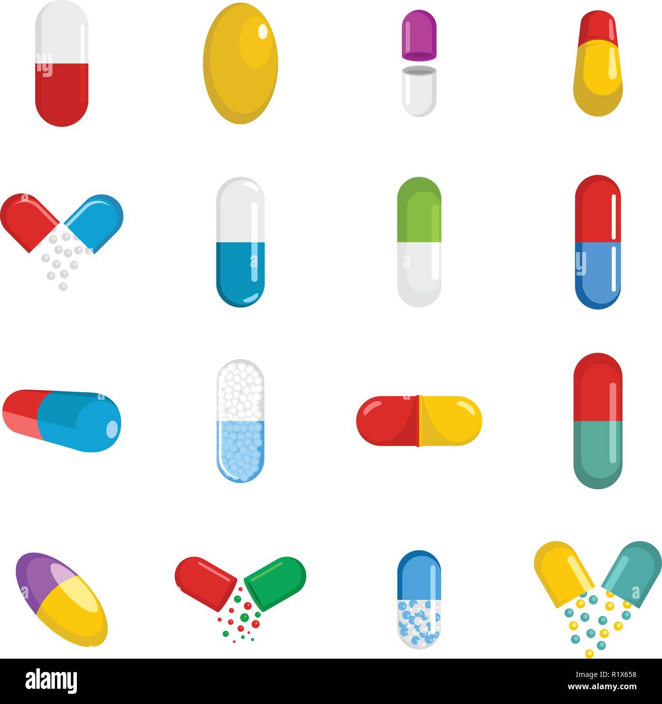 Capsule pill medicine icons set. Flat illustration of 16 capsule pill ...