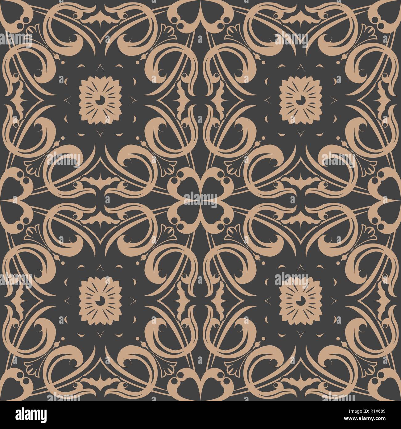 Vector damask seamless retro pattern background spiral curve cross plant vine frame flower ...