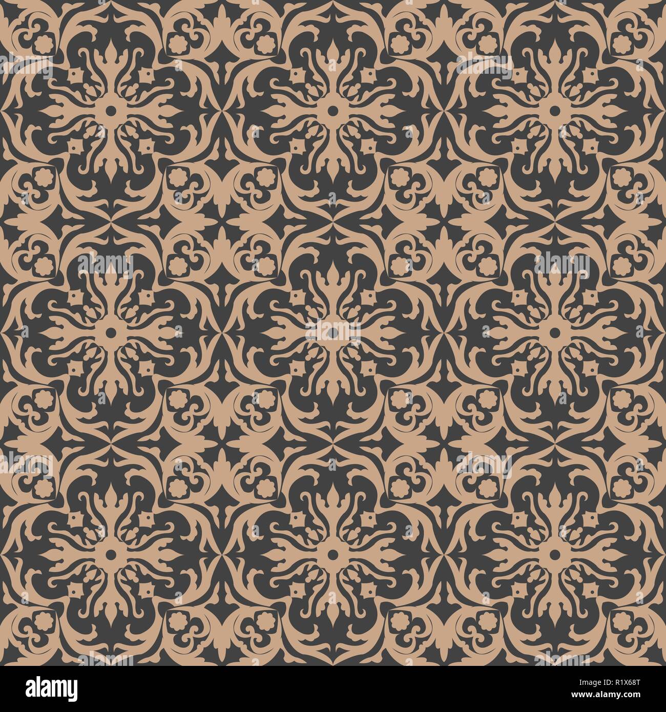 Vector damask seamless retro pattern background spiral curve cross leaf flower frame ...