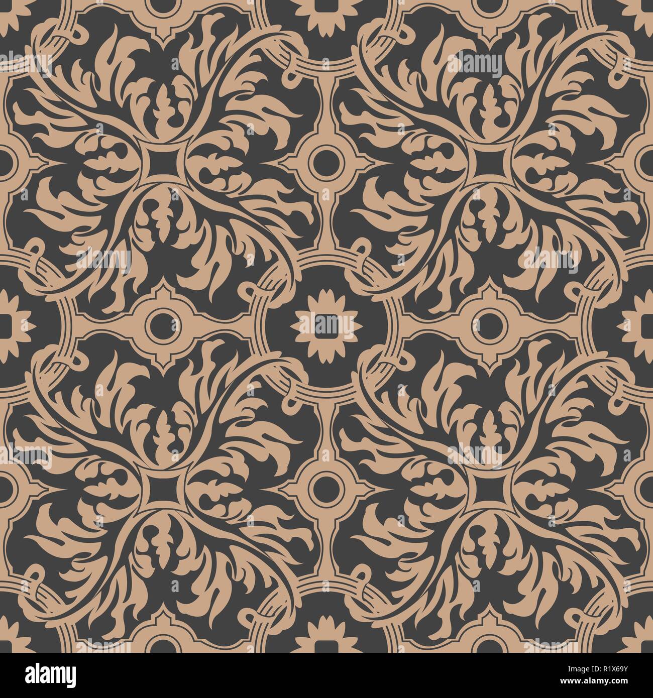 Vector damask seamless retro pattern background spiral curve cross feather leaf flower. Elegant ...