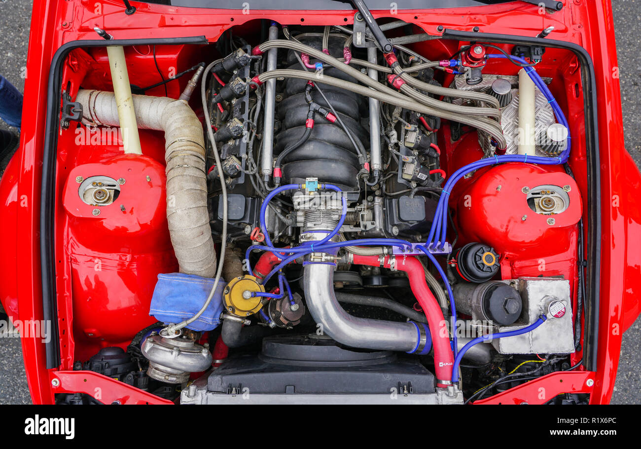 top view of new modern powerful hi-tech racing car engine Stock Photo ...