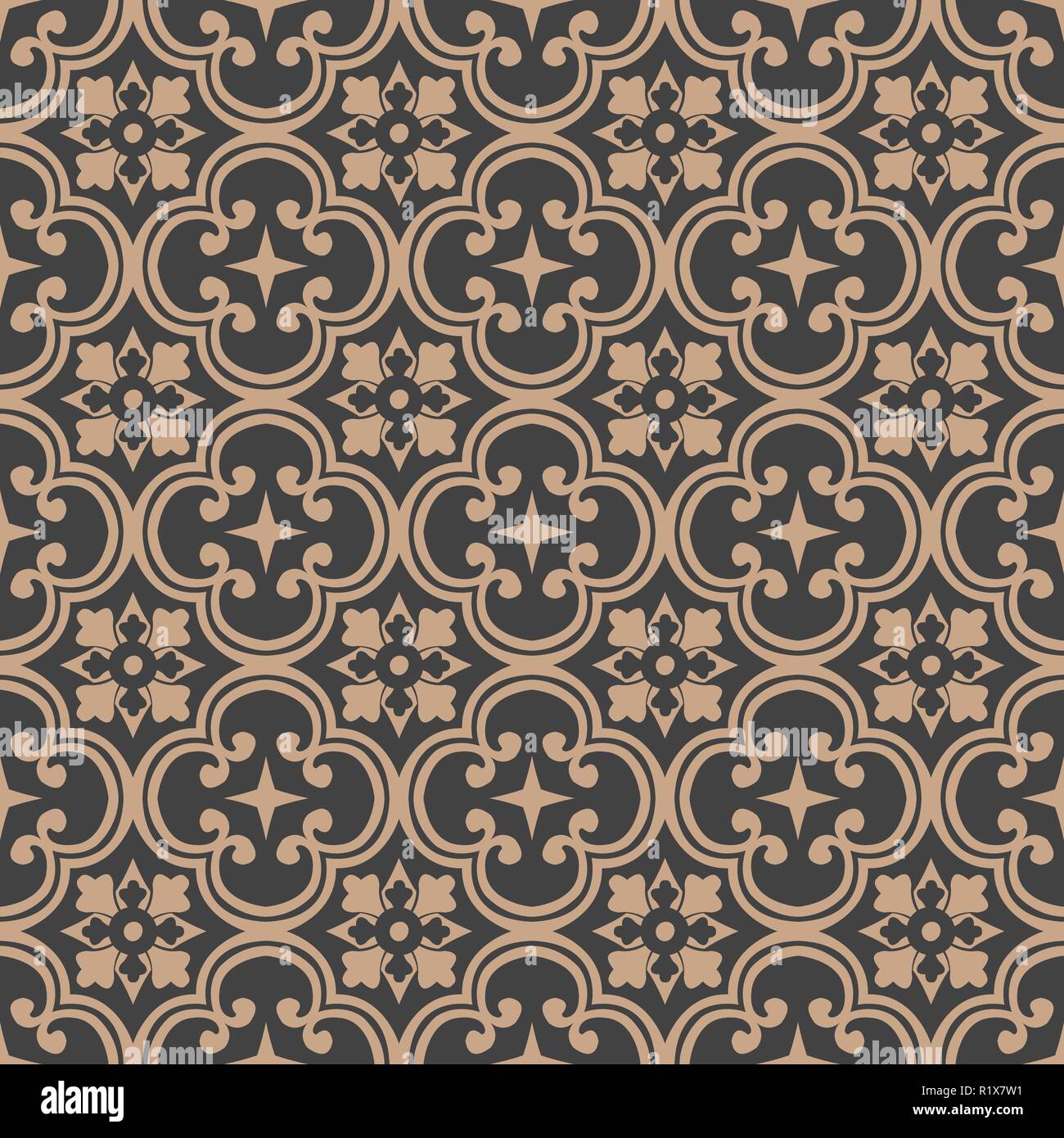 Vector damask seamless retro pattern background spiral curve cross vine frame flower. Elegant ...