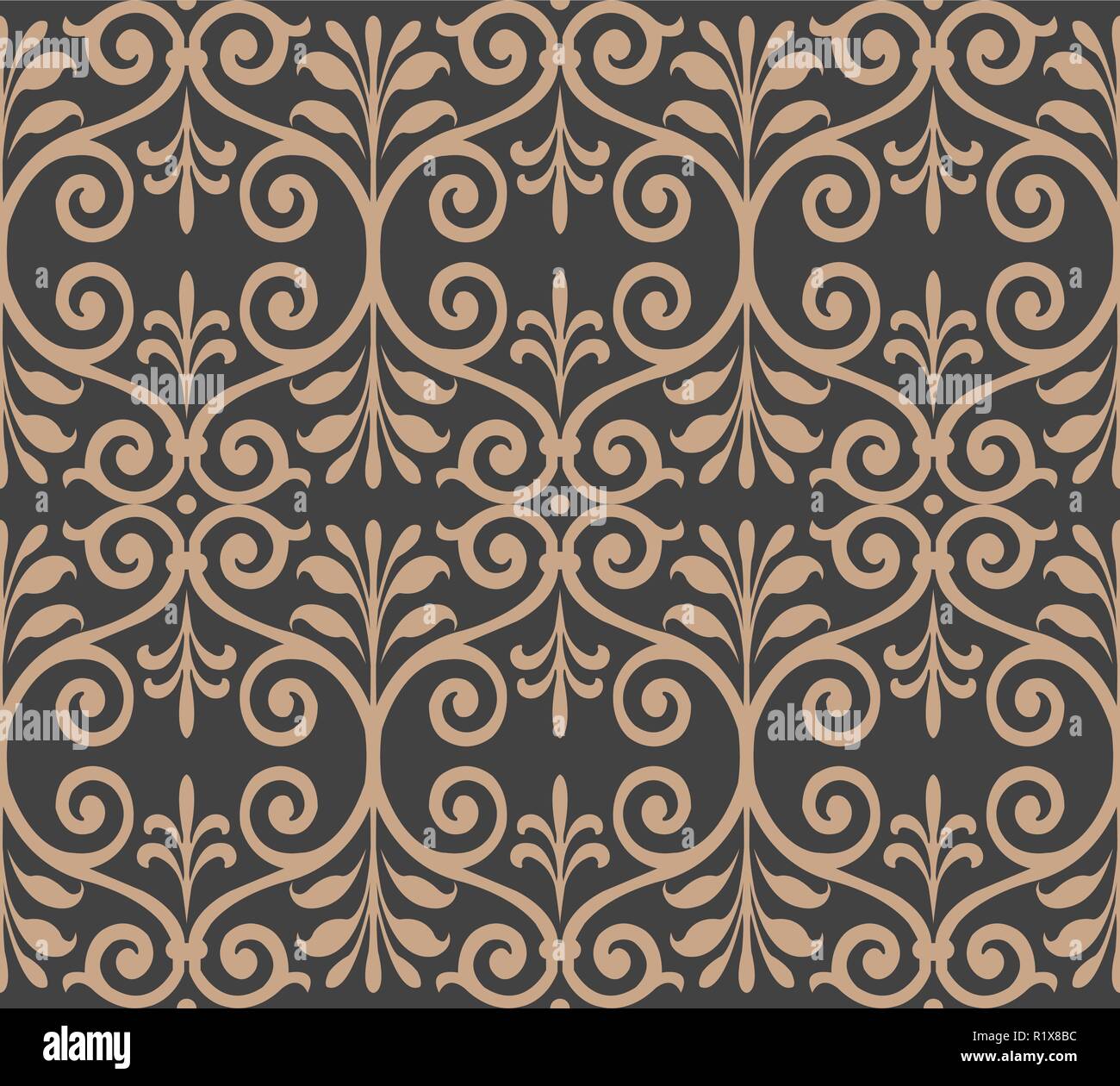 Vector damask seamless retro pattern background spiral curve cross leaf frame vine flower ...