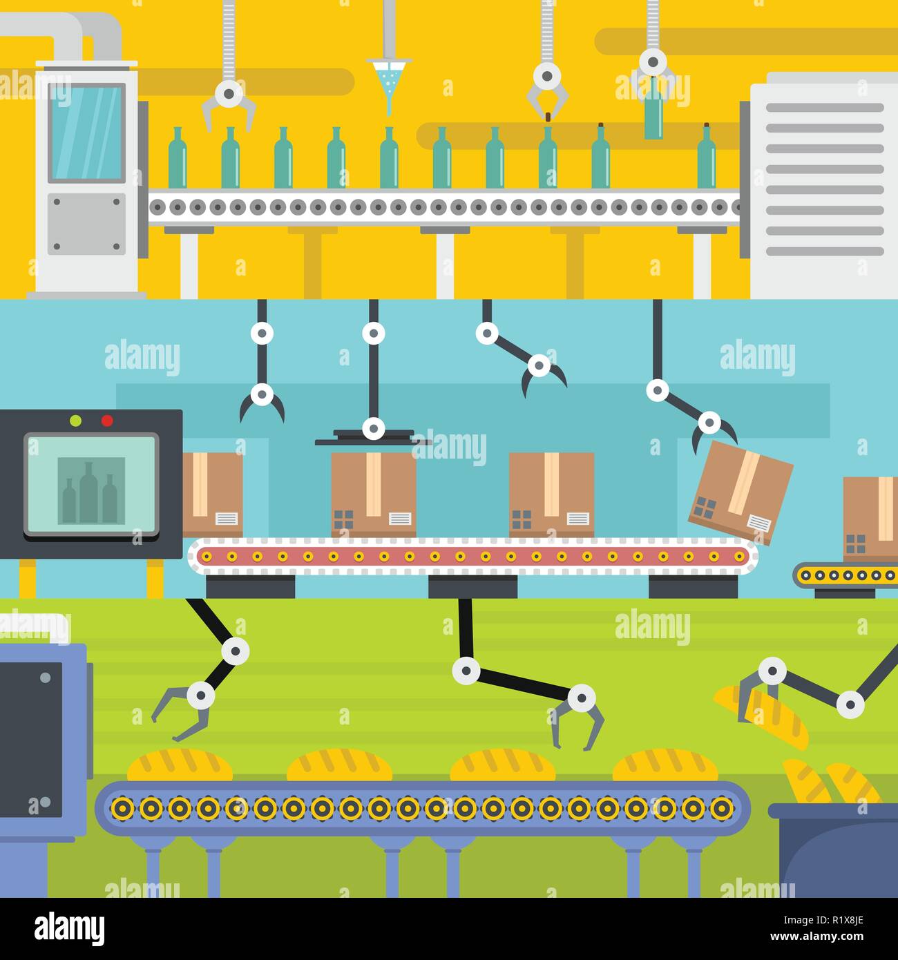 Production line factory conveyor banner horizontal concept set. Flat ...