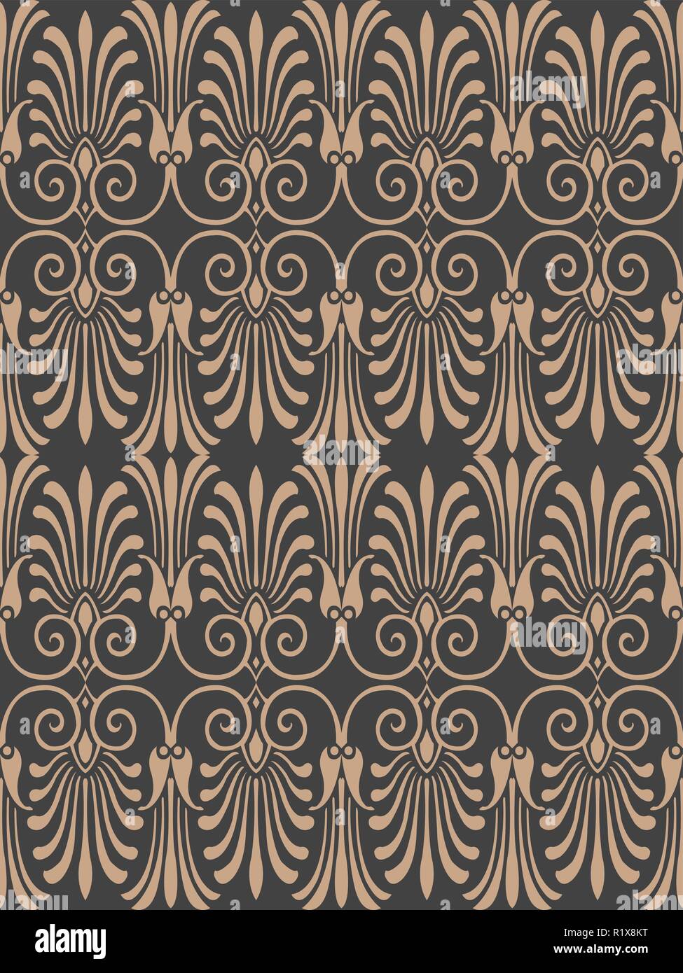 Vector damask seamless retro pattern background spiral vortex curve cross fan shape leaf frame ...