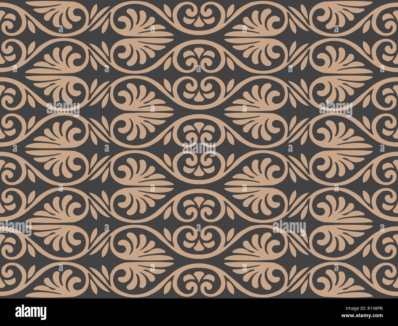 Vector damask seamless retro pattern background spiral curve cross frame leaf crest. Elegant ...