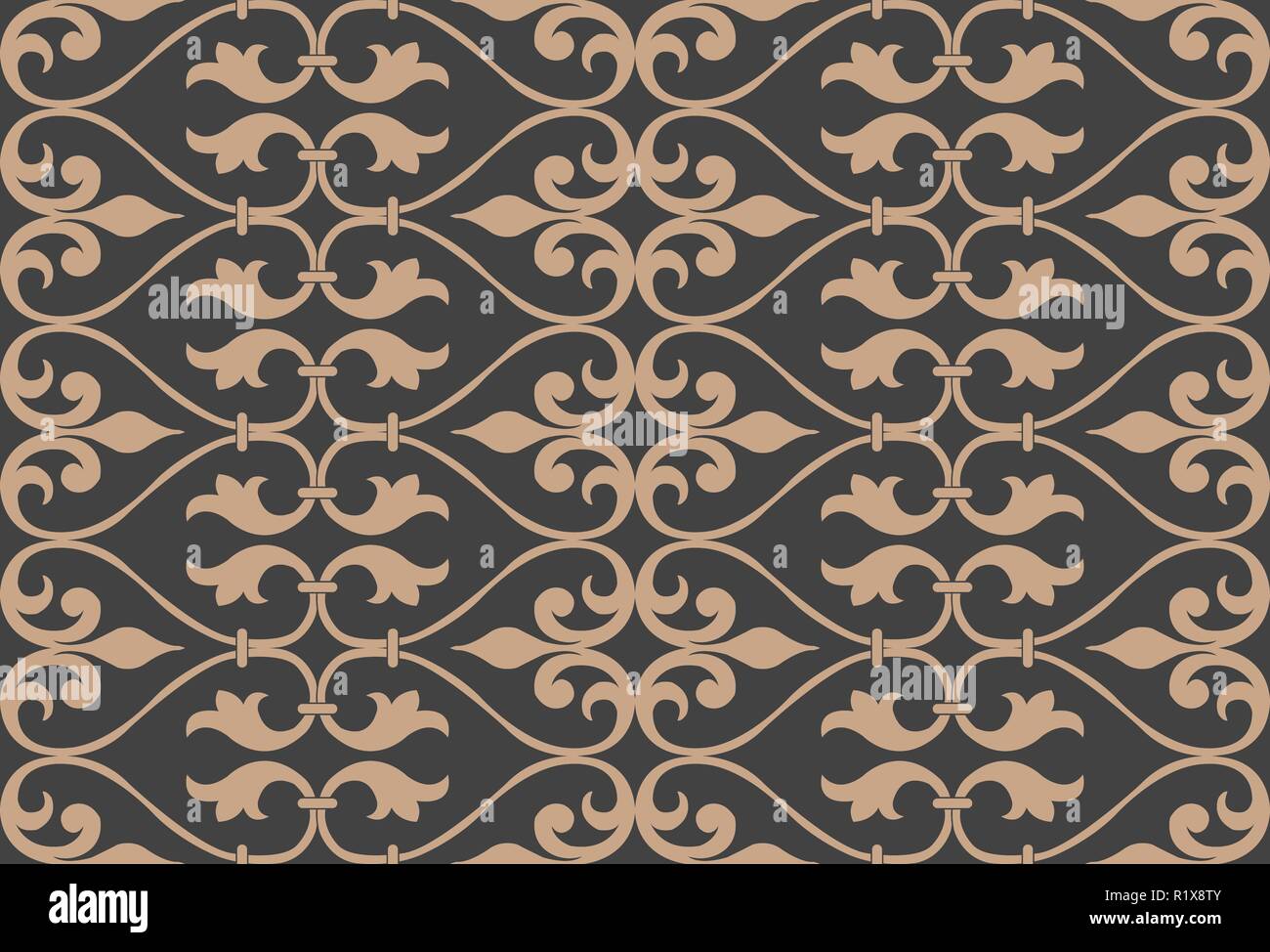 Vector damask seamless retro pattern background spiral curve cross plant leaf frame line ...