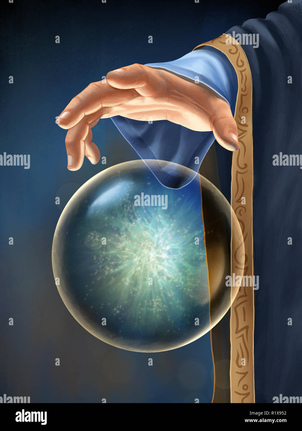 Wizard's hand interacting with a floating magical orb. Digital ...
