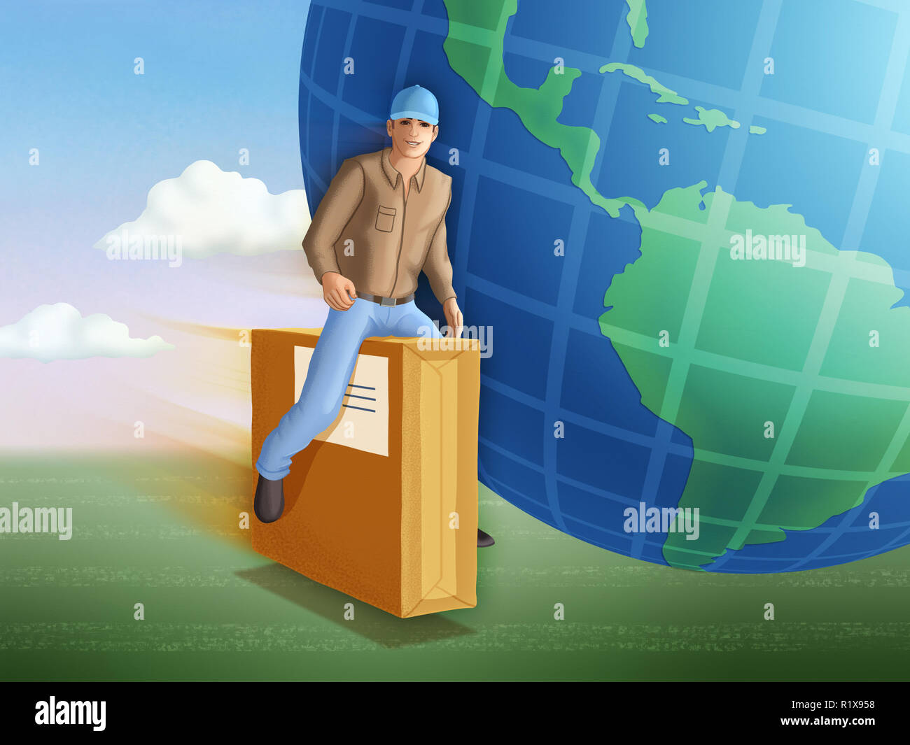 Delivery man riding a flying package. Digital illustration Stock Photo ...