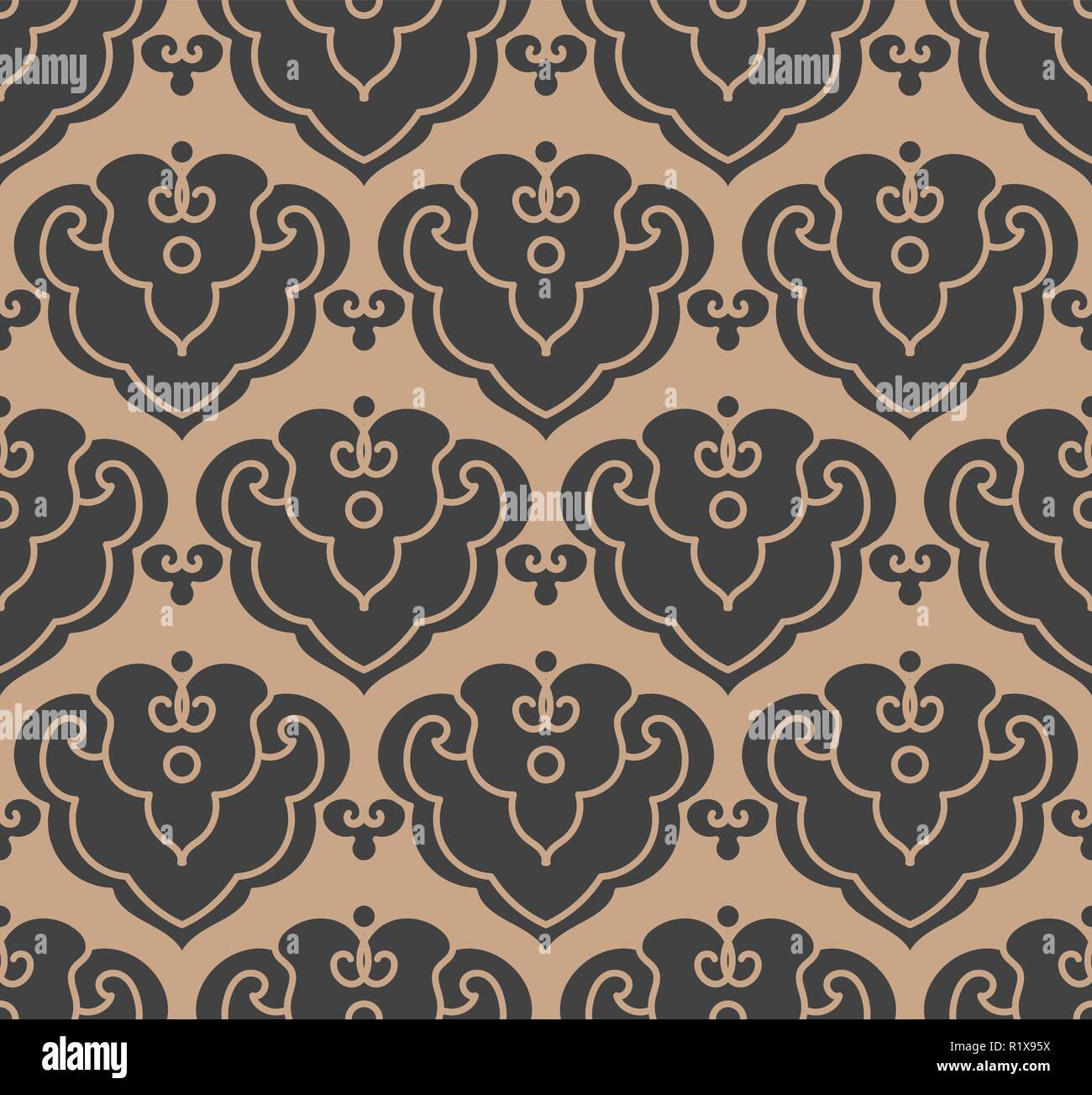 Vector damask seamless retro pattern background oriental spiral curve cross frame chain crest ...