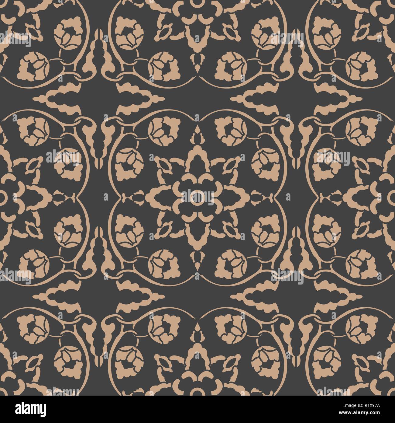 Vector damask seamless retro pattern background oriental spiral curve cross frame vine leaf ...