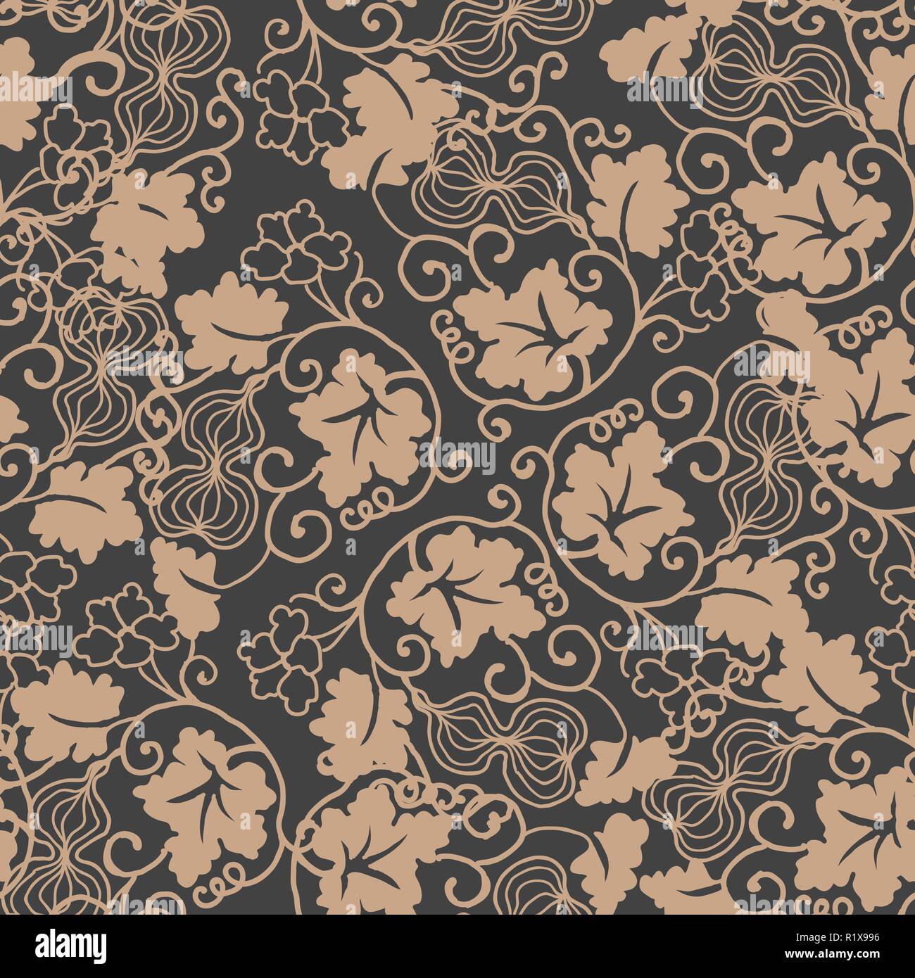 Vector damask seamless retro pattern background spiral vortex cross frame vine leaf flower gourd ...