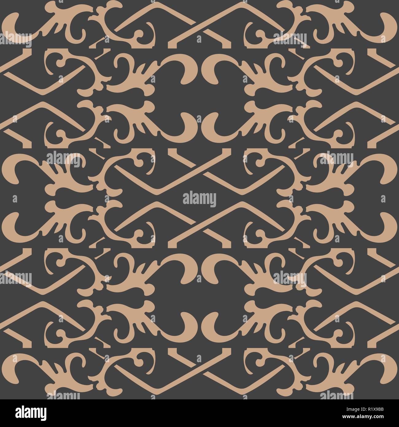 Vector damask seamless retro pattern background oriental spiral curve cross frame chain leaf ...