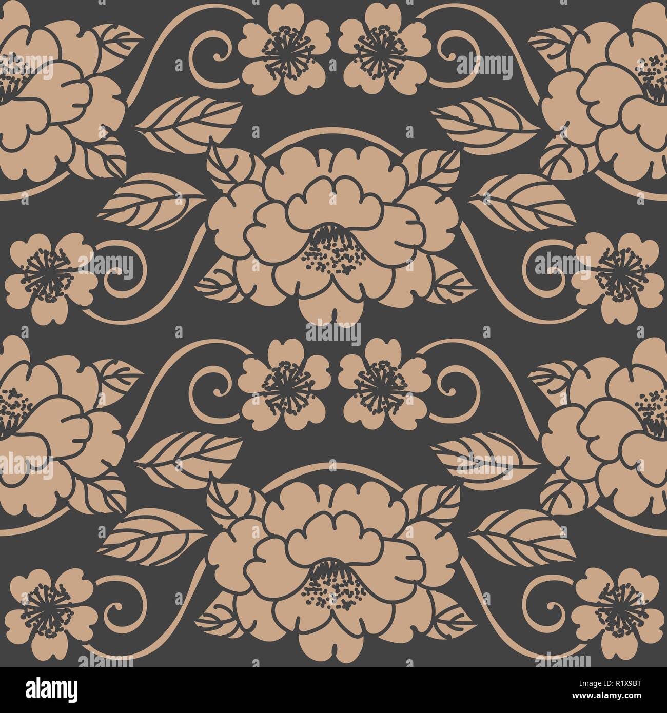 Vector damask seamless retro pattern background spiral curve cross leaf frame vine flower peony ...