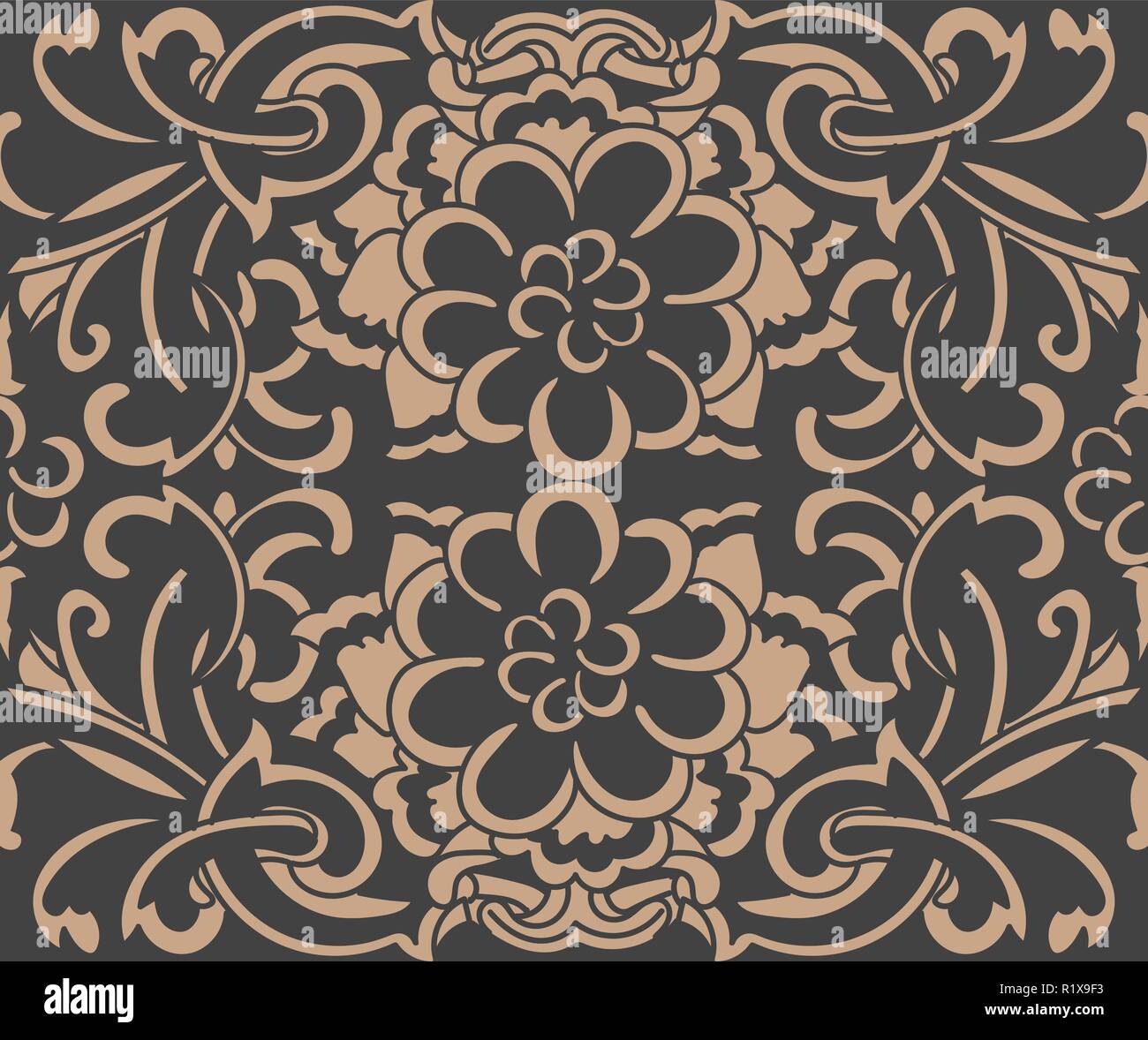 Vector damask seamless retro pattern background oriental spiral curve cross frame leaf vine ...