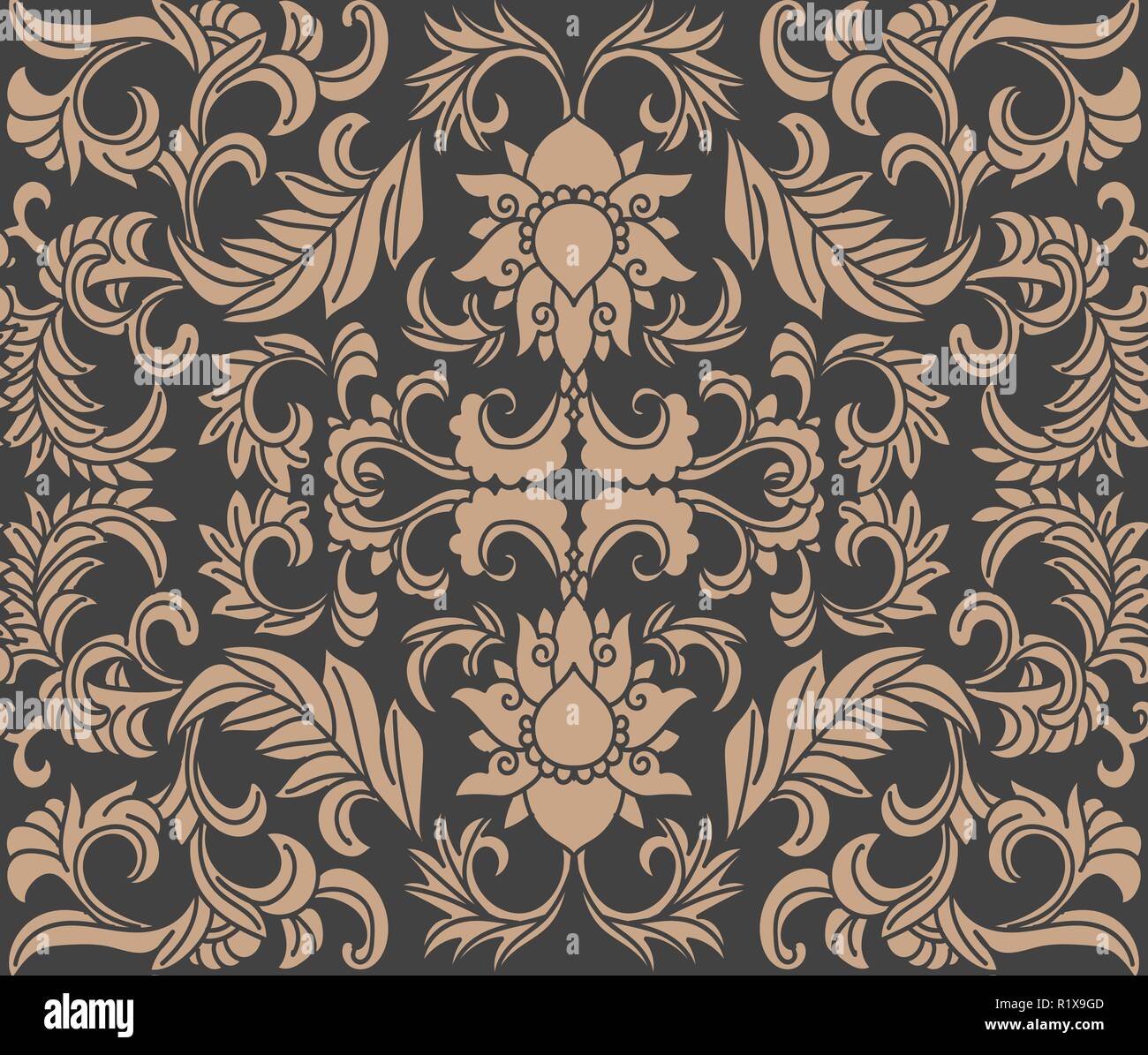 Vector damask seamless retro pattern background oriental spiral curve cross frame leaf vine ...