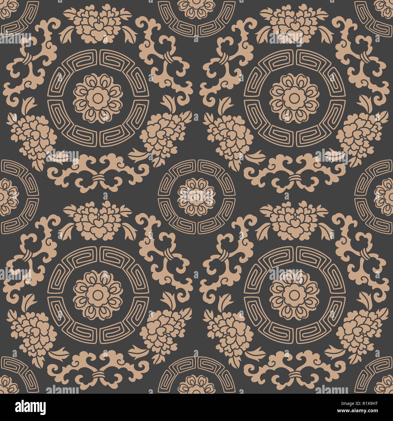Vector damask seamless retro pattern background round spiral curve cross frame vine wreath leaf ...