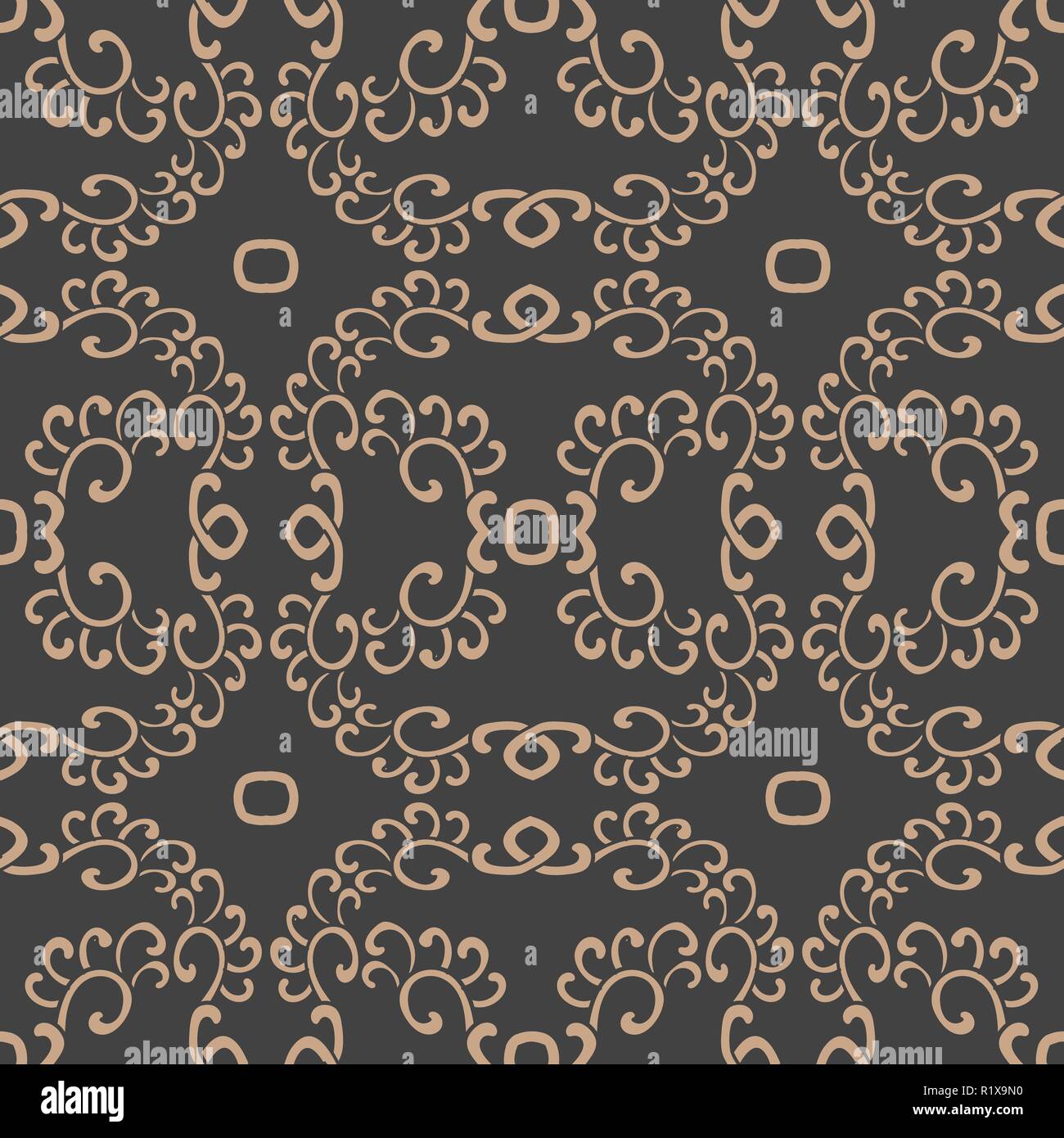 Vector damask seamless retro pattern background oriental spiral curve cross round geometry frame ...