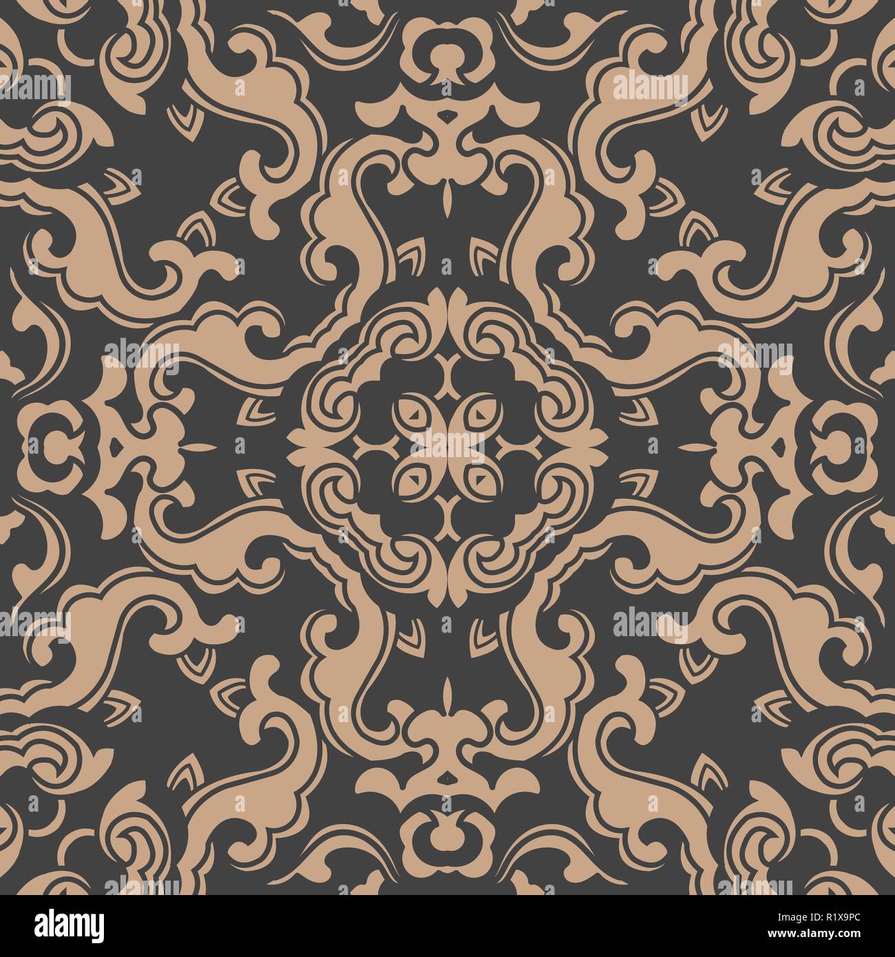 Vector damask seamless retro pattern background oriental spiral curve cross frame leaf vine ...