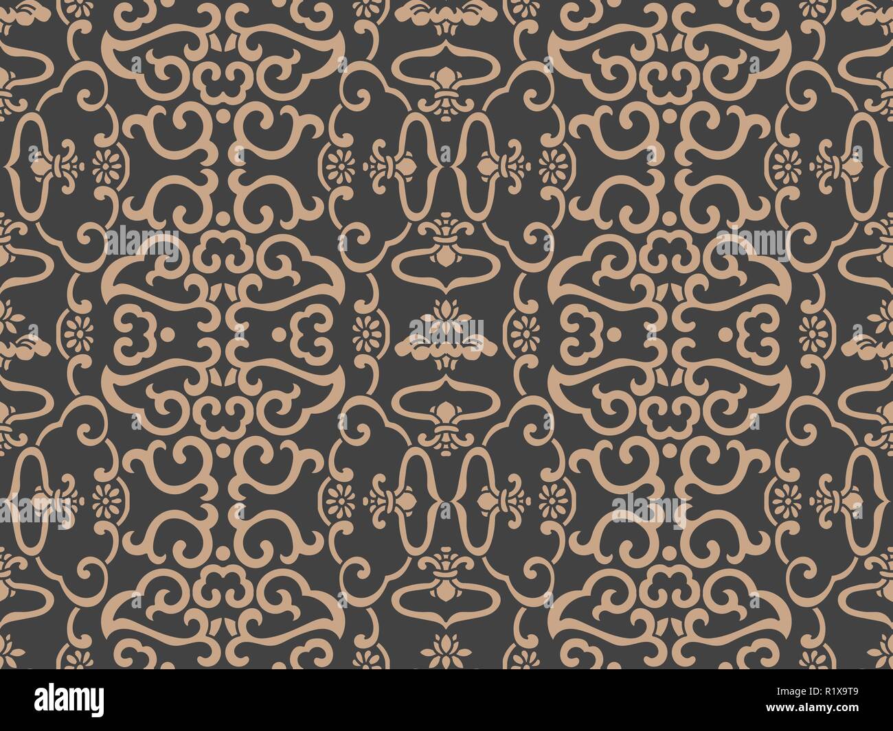 Vector damask seamless retro pattern background oriental spiral curve cross frame chain crest ...