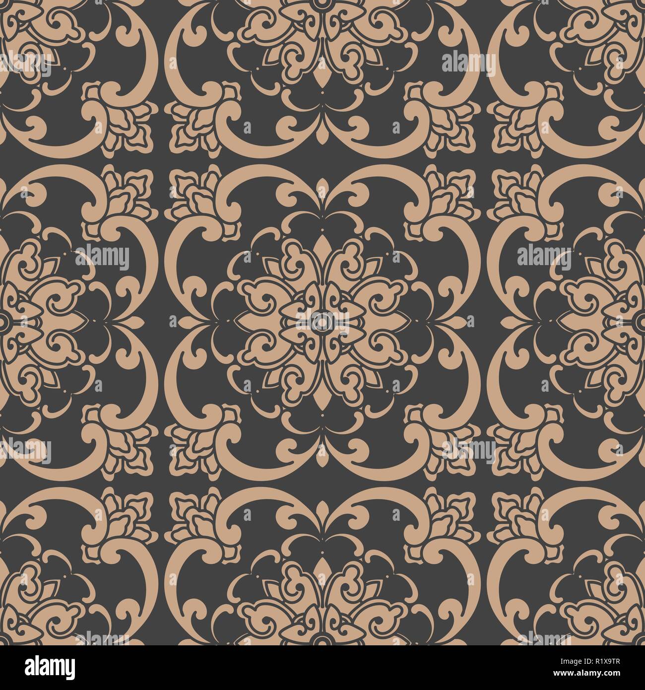 Vector damask seamless retro pattern background oriental round spiral curve cross frame vine ...