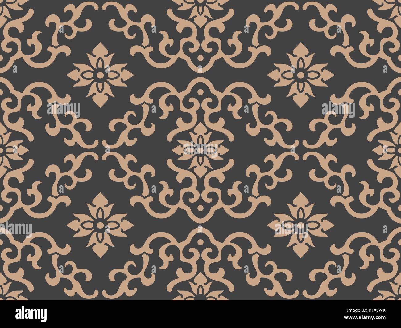 Vector damask seamless retro pattern background oriental round spiral curve cross frame vine ...