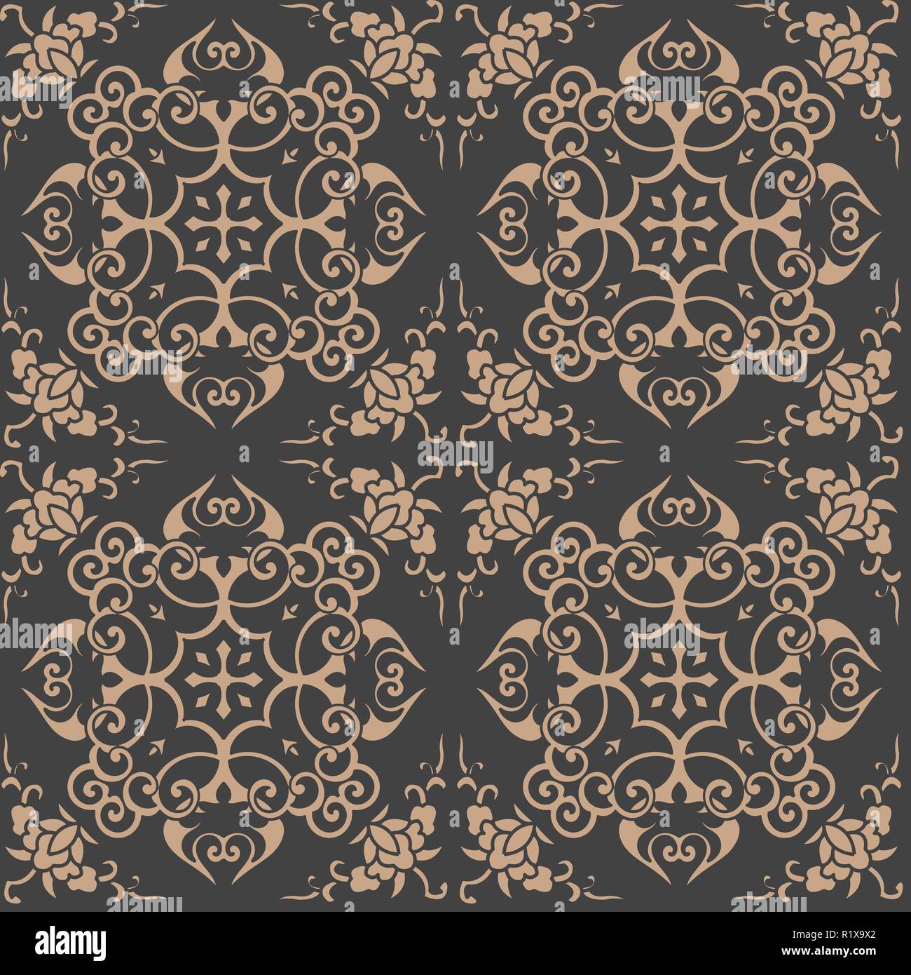 Vector damask seamless retro pattern background oriental round spiral curve cross frame vine ...