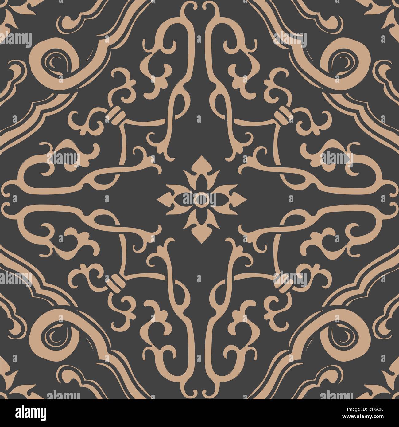 Vector damask seamless retro pattern background oriental spiral curve cross frame leaf vine ...